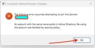 Domain Join hardening: An account with the same name exists in Active ...